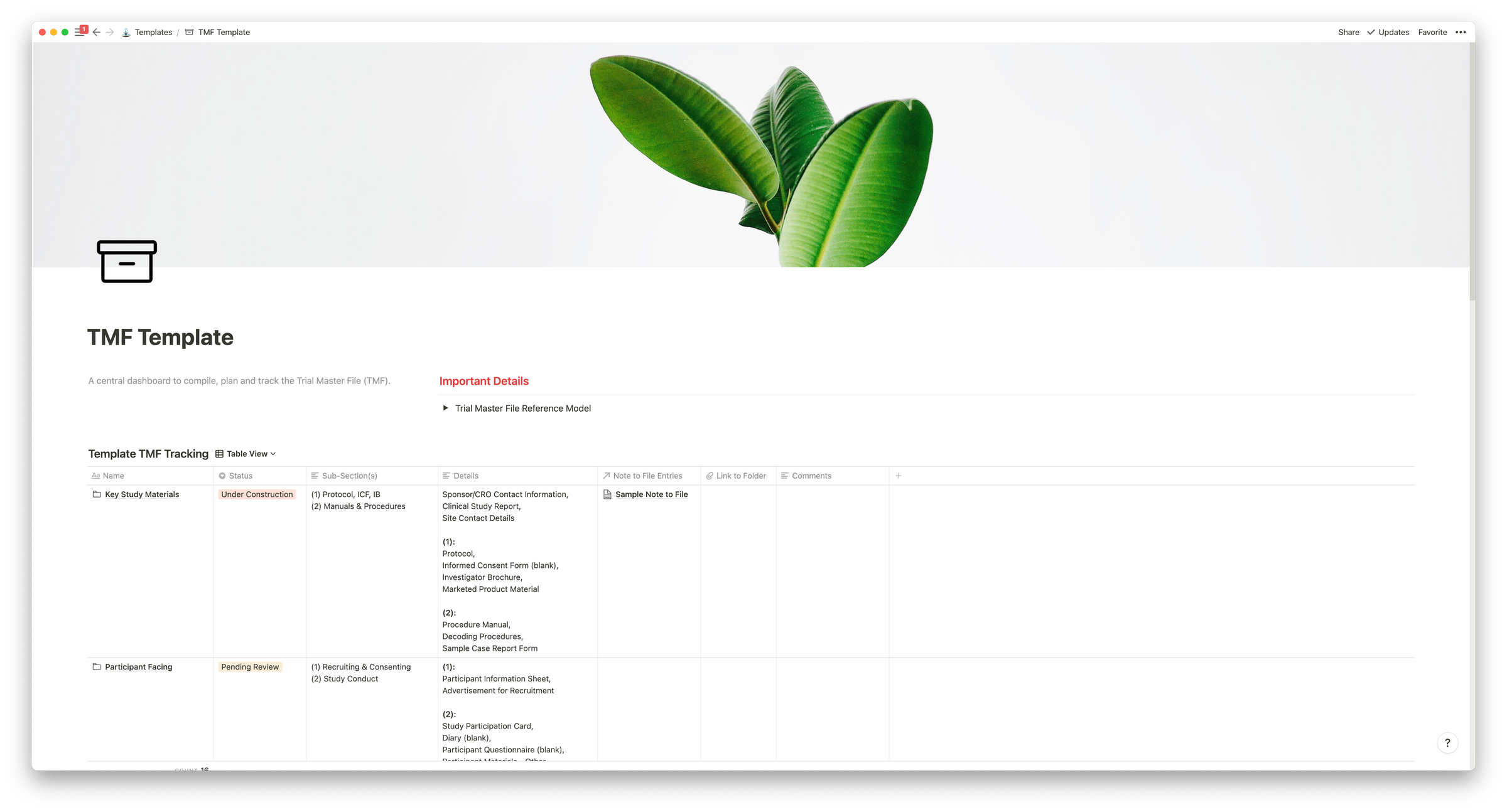 Trial Master File (TMF): Notion Template
